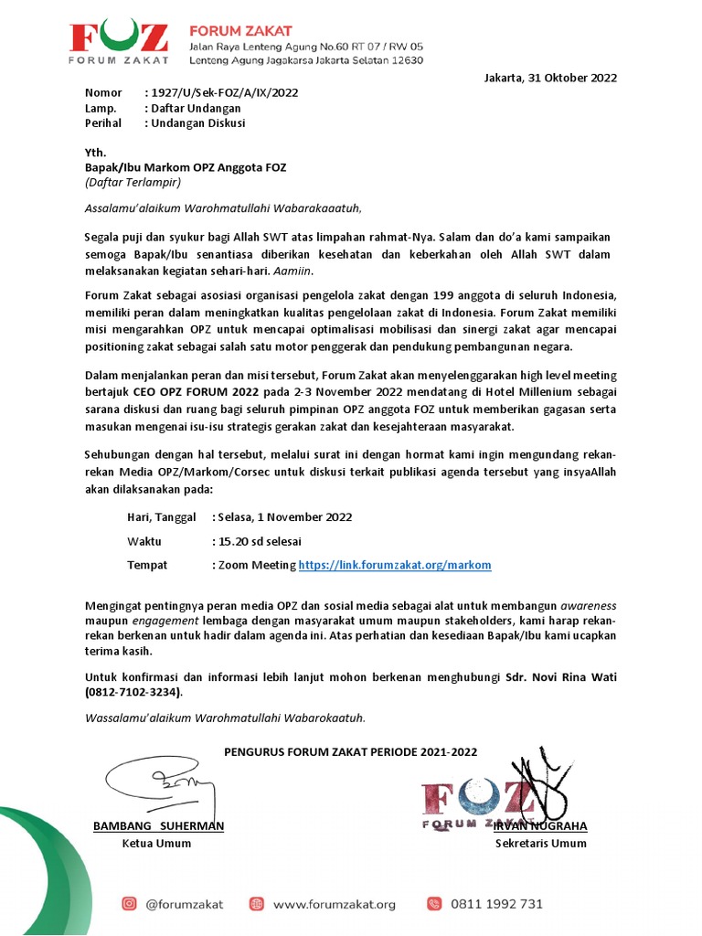 Surat Undangan Diskusi Jelang CEO OPZ Forum | PDF
