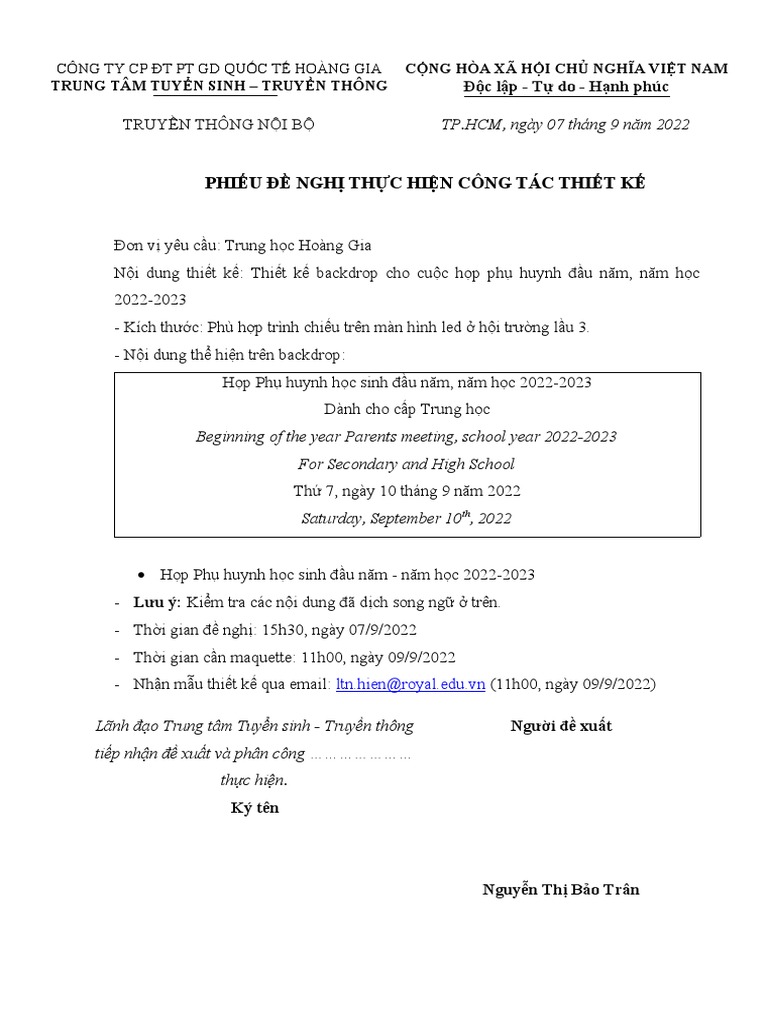Phiếu ĐNCT Thiết kế - Họp phụ huynh đầu năm cấp TrH - NH22-23 | PDF