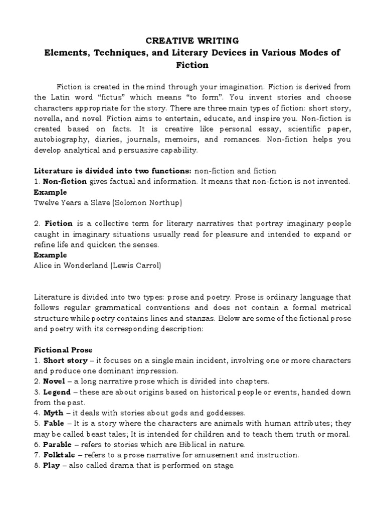 Elements, Techniques, and Literary Devices in Various Modes of Fiction ...