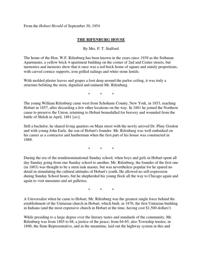 History of the Rifenburg House in Hobart | PDF | History