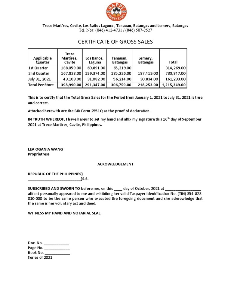 Certificate of Gross Sales | PDF | Law