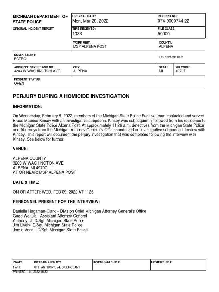Michigan Police Report: Kinsey Investigation | PDF | Arrest Warrant ...
