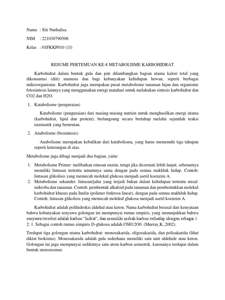 Resume Metabolisme Karbohidrat (Ica) | PDF