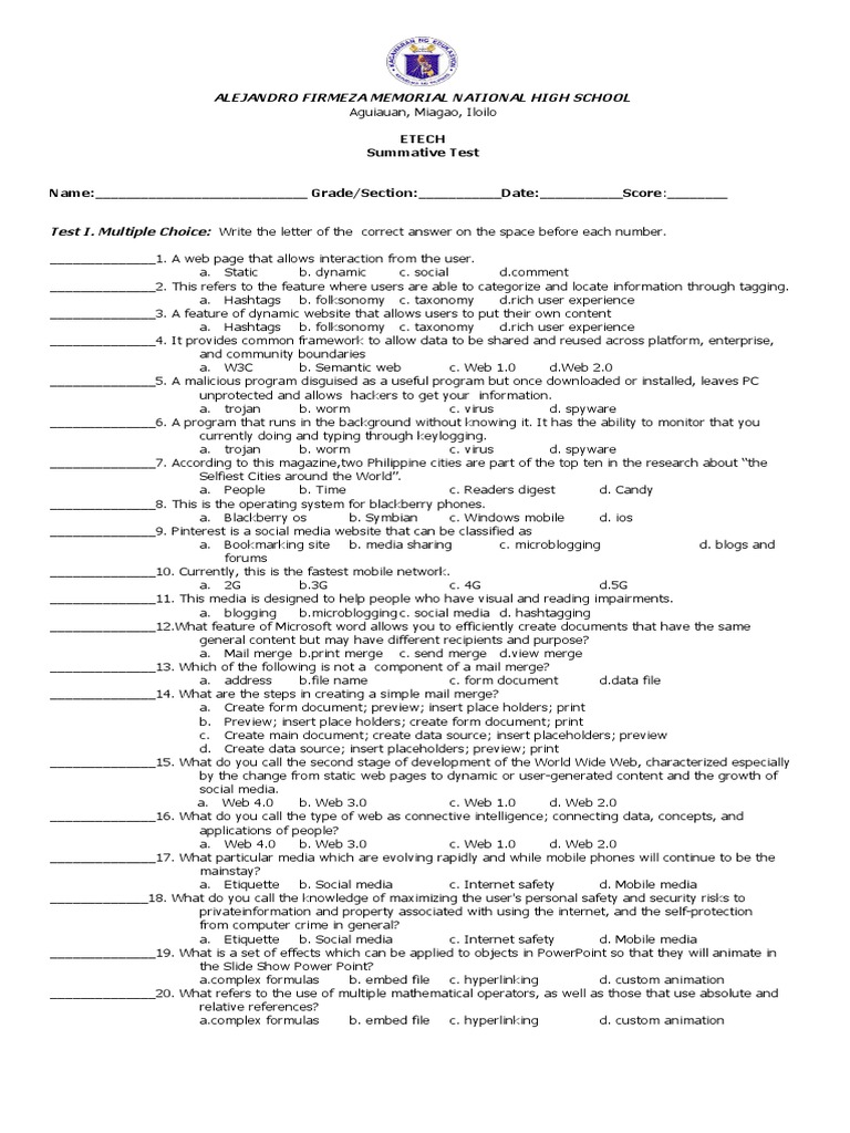 Etech Summative Test 1 2020 | PDF | World Wide Web | Internet & Web