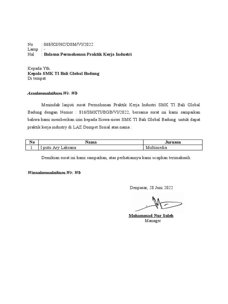 Surat Balasan PKL | PDF