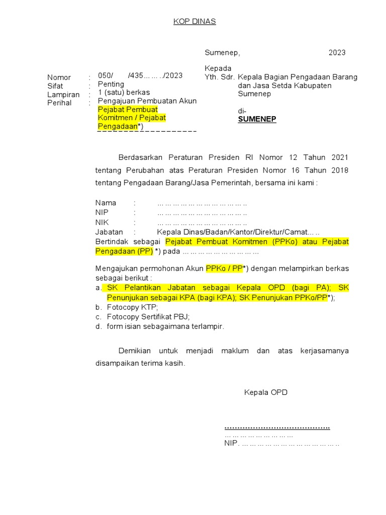 Contoh Form Surat Pengajuan Akun Non Penyedia | PDF