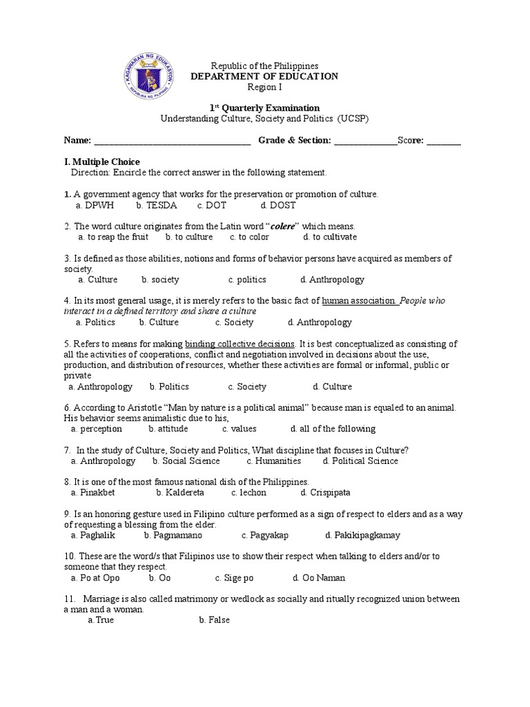 1st Quarterly Exam UCSP - G12 | PDF | Anthropology | Society