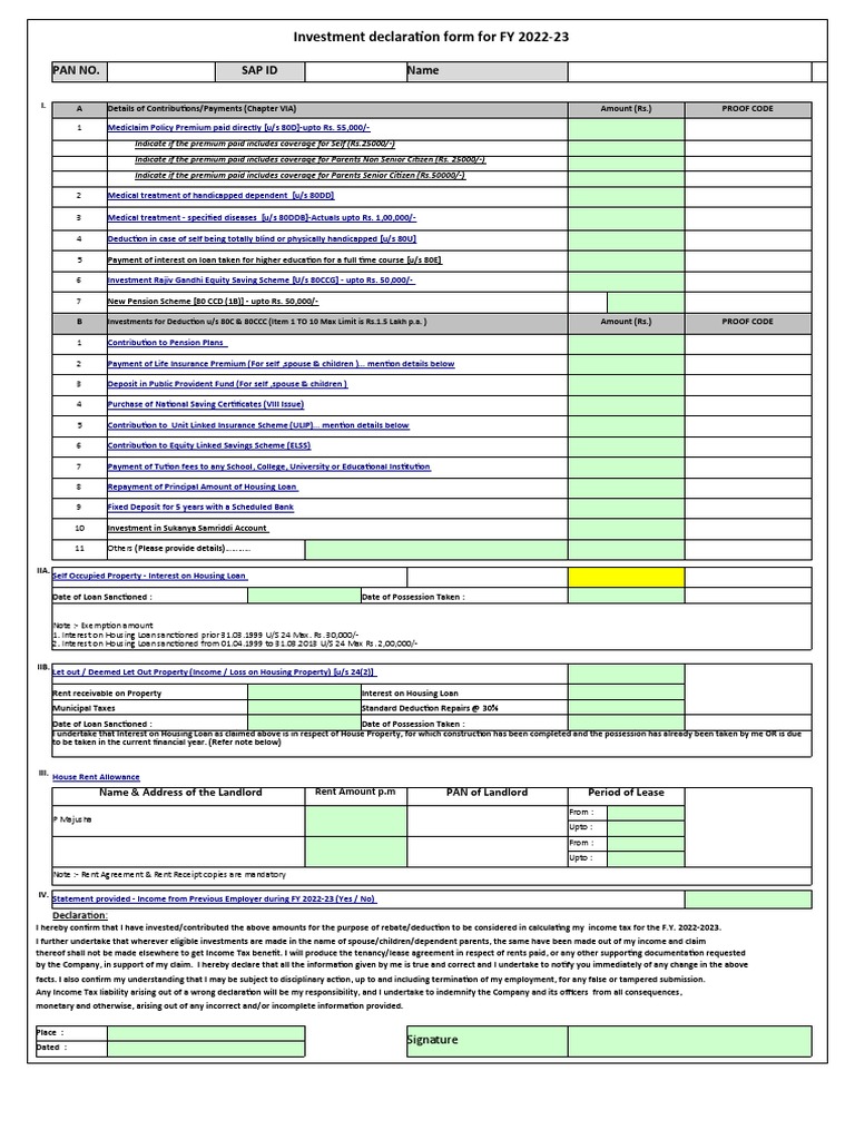 Investment Declaration Form - 2022-2023 | PDF | Insurance | Tax Deduction