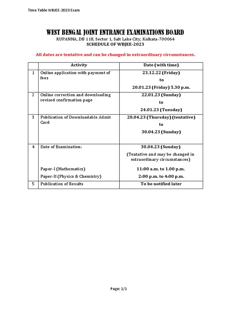 Timetable of WBJEE-2023 | PDF