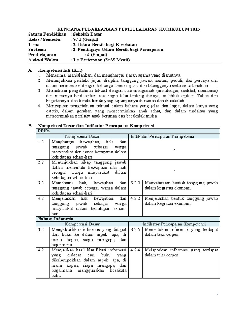 RPP Kelas 5 Tema 2 Subtema 2 Pembelajaran 4 | PDF