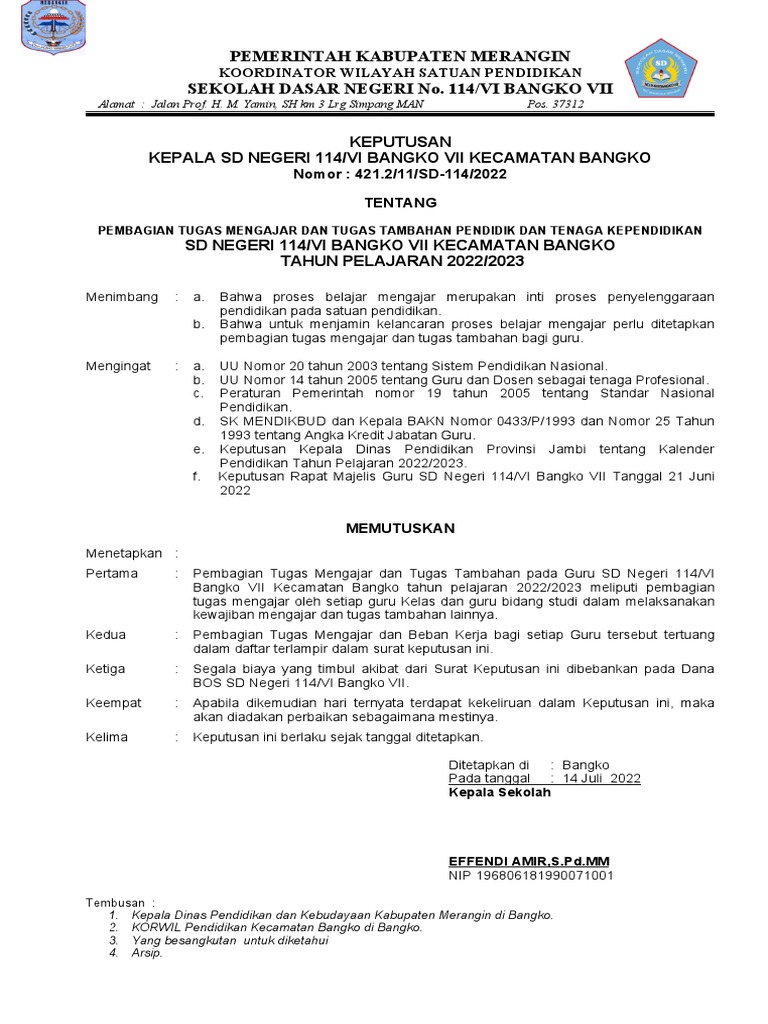 SK Pembagian Tugas Guru Ganjil 2022 Benar | PDF