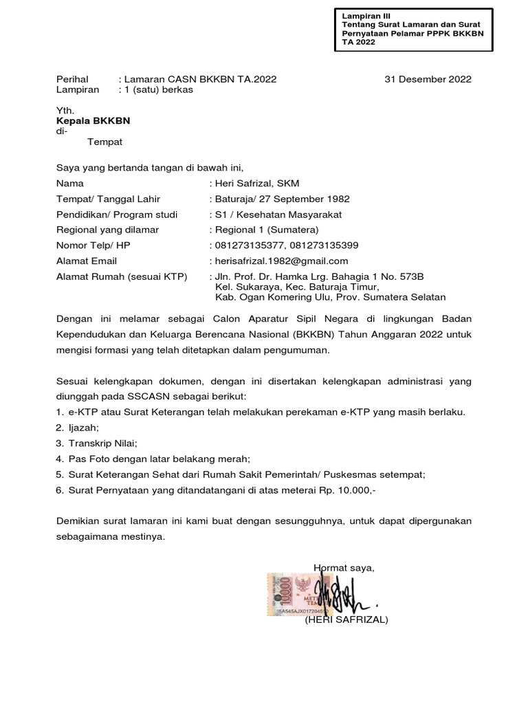 Surat Lamaran PPPK BKKBN 2022 | PDF | Ilmu Sosial