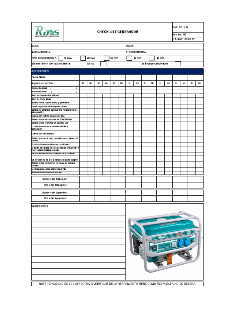 Check List de Generadores | PDF | Tecnologías automotrices | Bienes manufacturados