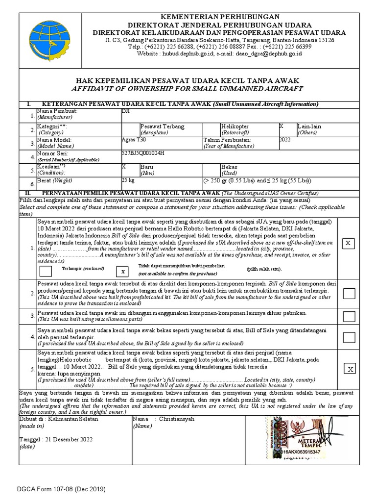 DGCA From 107-08 Affidavit of Ownership For Small Unmanned Aircraft - Dec 2019 | PDF