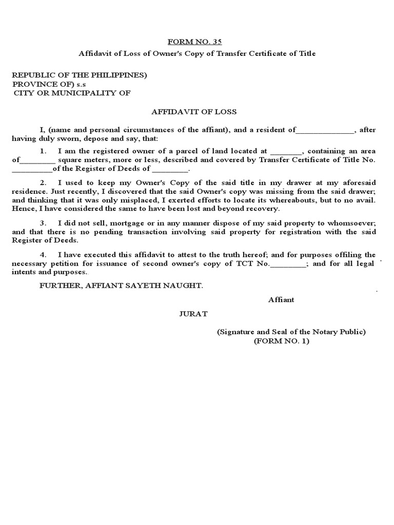 35 Affidavit of Loss of Owner's Copy of Transfer Certificate of Title | PDF