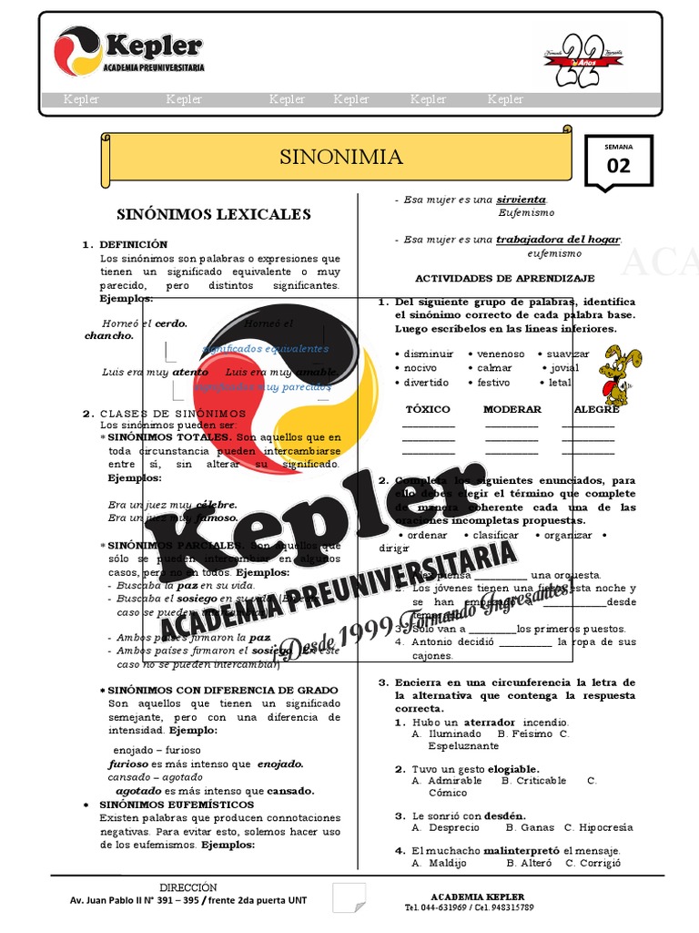 Tema 02 Sinónimo | PDF | Morfología Lingüística | Unidades Semánticas