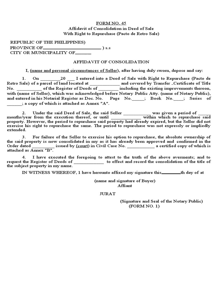 FORM NO. 45 Affidavit of Consolidation in Deed of Sale | PDF
