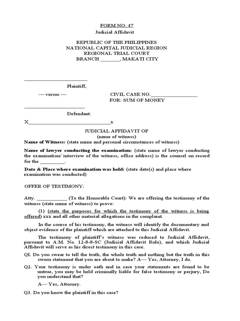 FORM NO. 47 Judicial Affidavit | PDF | Affidavit | Perjury