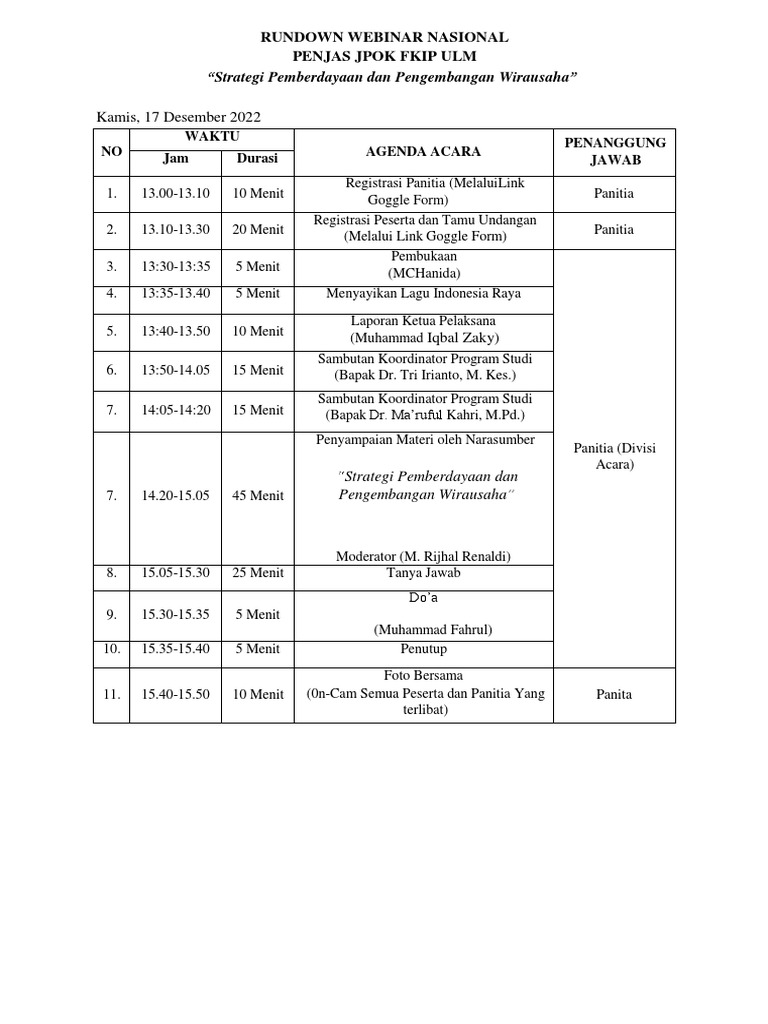 Roundown Acara Seminar Nasional | PDF