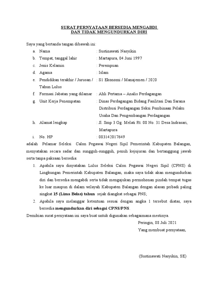 Surat Pernyataan Bersedia Mengabdi | PDF