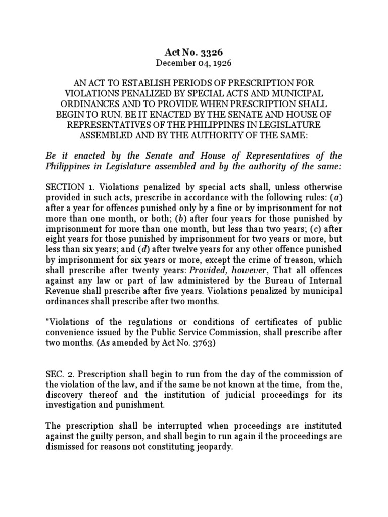 Act No. 3326 (As Amended by Act No. 3763) | PDF | Statute Of Limitations | Crimes