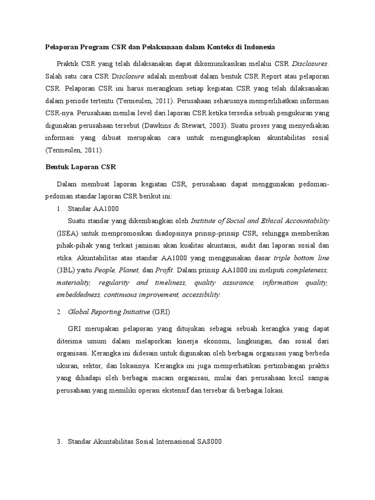 Pelaporan Program CSR Dan Pelaksanaan Dalam Konteks Di Indonesia | PDF ...