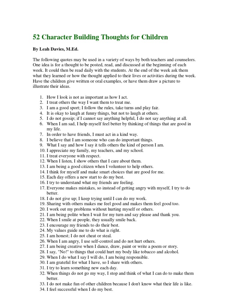 52 Character Building Thoughts For Children | PDF | Self-Improvement ...