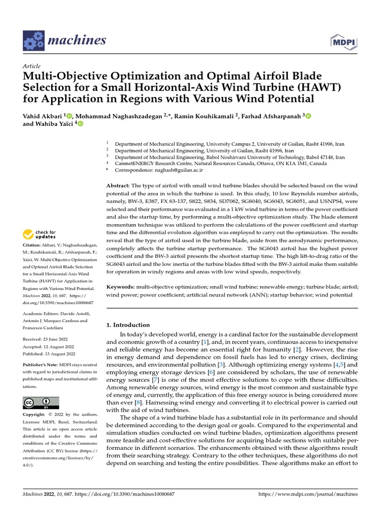 2022 Multi-Objective Optimization and Optimal Airfoil Blade Selection For A Small Horizontal ...