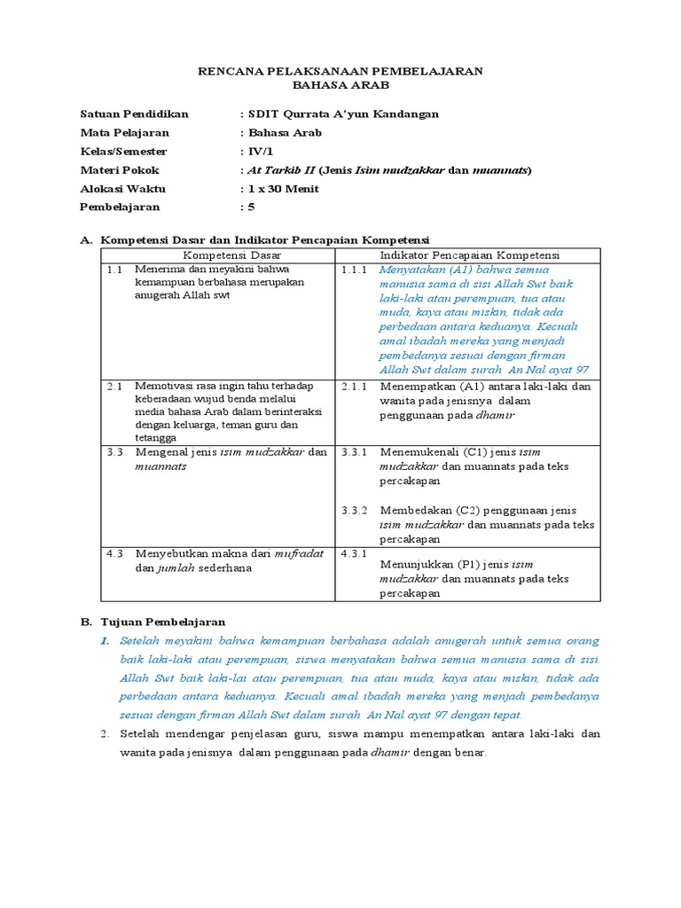RPP Bahasa Arab Kelas 4 | PDF