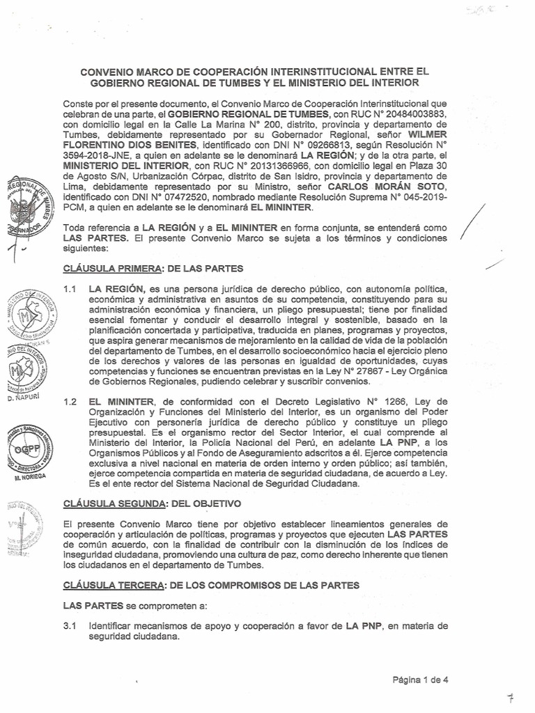 Convenio Marco de Cooperacion Interinstitucional Entre El Gobierno Regional de Tumbes y El ...