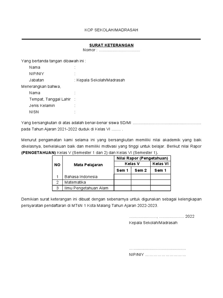 Surat Keterangan Rekapitulasi Nilai Rapor PPDB 2022 | PDF