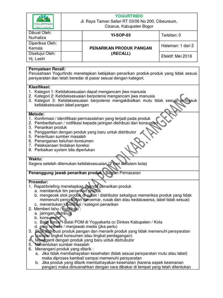SOP-03-Penarikan Produk Pangan (Recall) | PDF