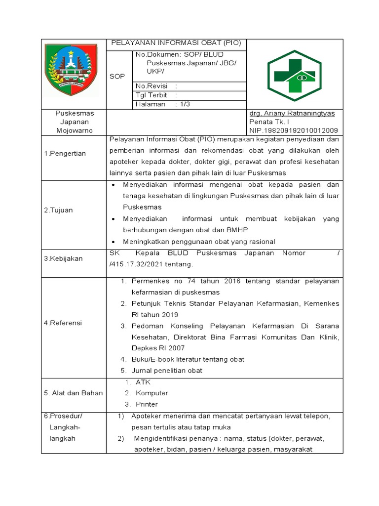 Sop Pelayanan Informasi Obat (Pio) | PDF