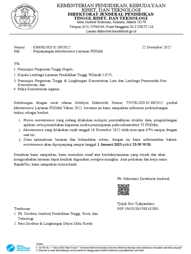Surat Edaran - Perpanjangan Maintenance Layanan PDDikti-1 | PDF Surat Edaran - Perpanjangan Maintenance Layanan PDDikti-1 | PDF