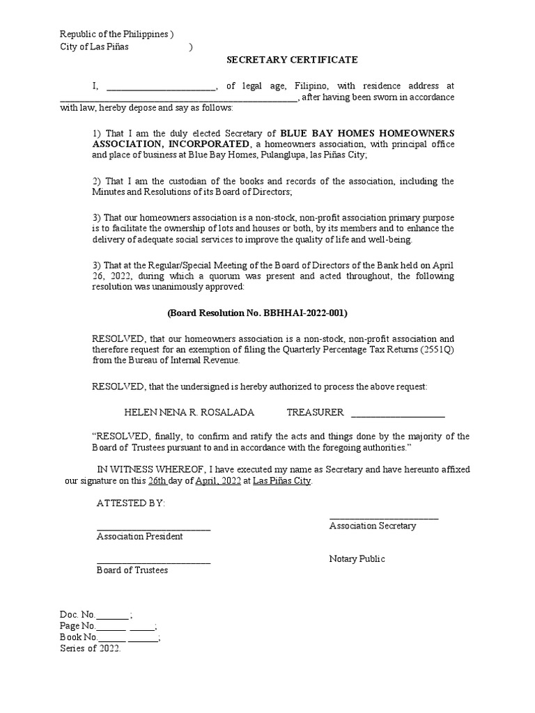 Board Resolution and Secretary Certificate | PDF | Government Finances ...