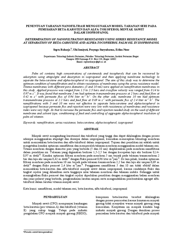 Tahanan Nanofiltrasi Beta-Karoten Minyak Sawit | PDF | Selaput | Unit ...