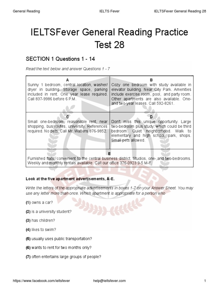 IELTS General Reading Test 28 Guide | PDF | Materials