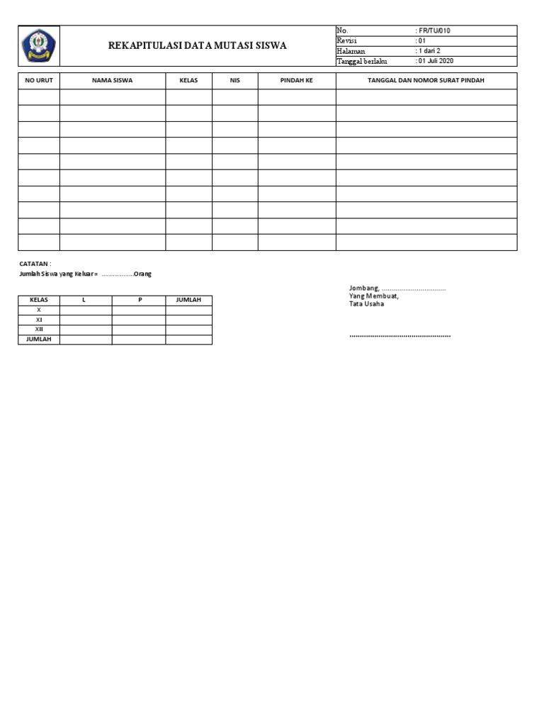 10 - Form Rekapitulasi Mutasi Siswa. 2020 | PDF