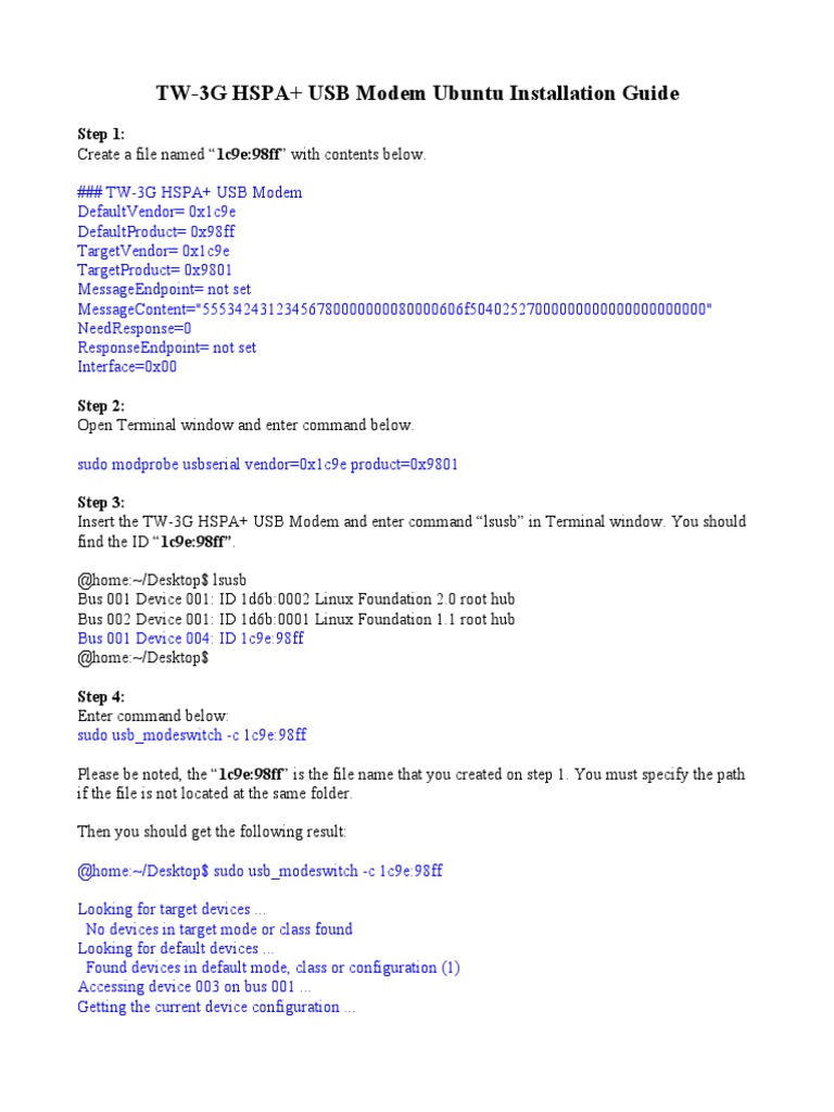 TW-3G HSPA+ USB Modem Ubuntu Installation Guide | PDF | Usb | Device Driver