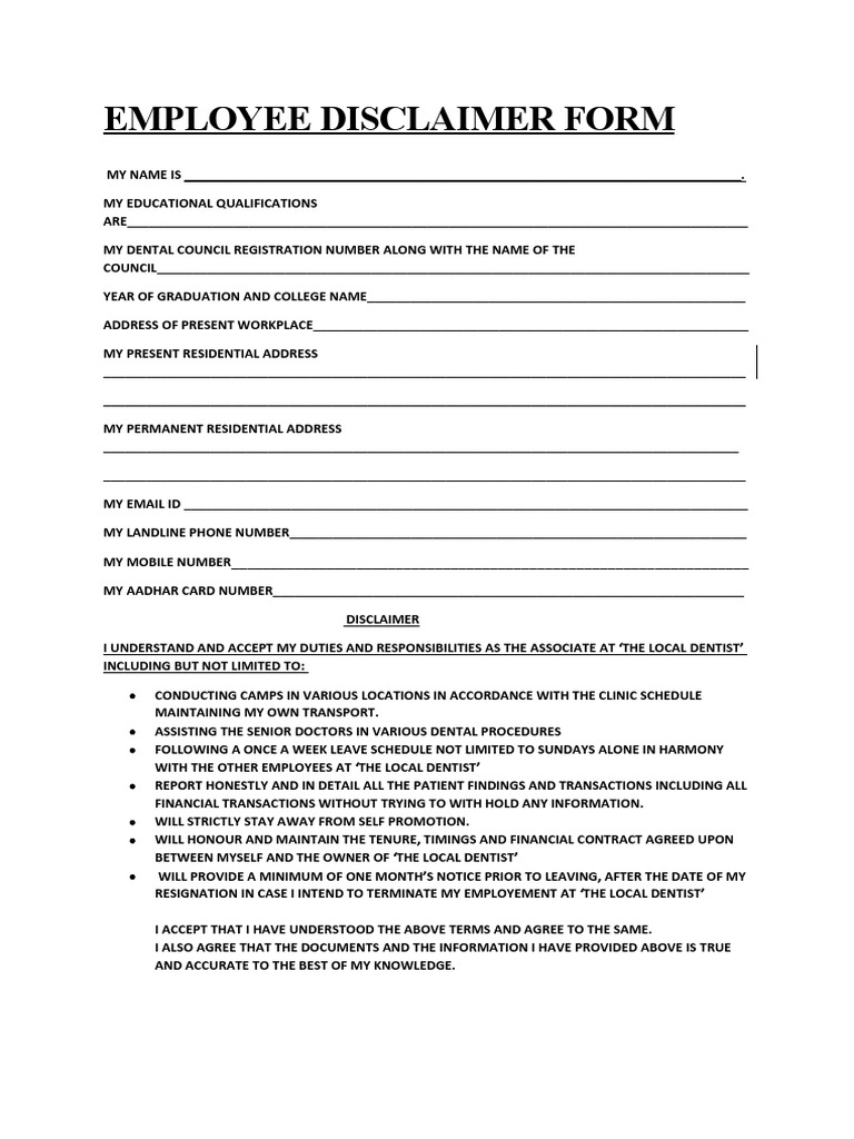 Employee Disclaimer Form | PDF | Dentist | Health Care