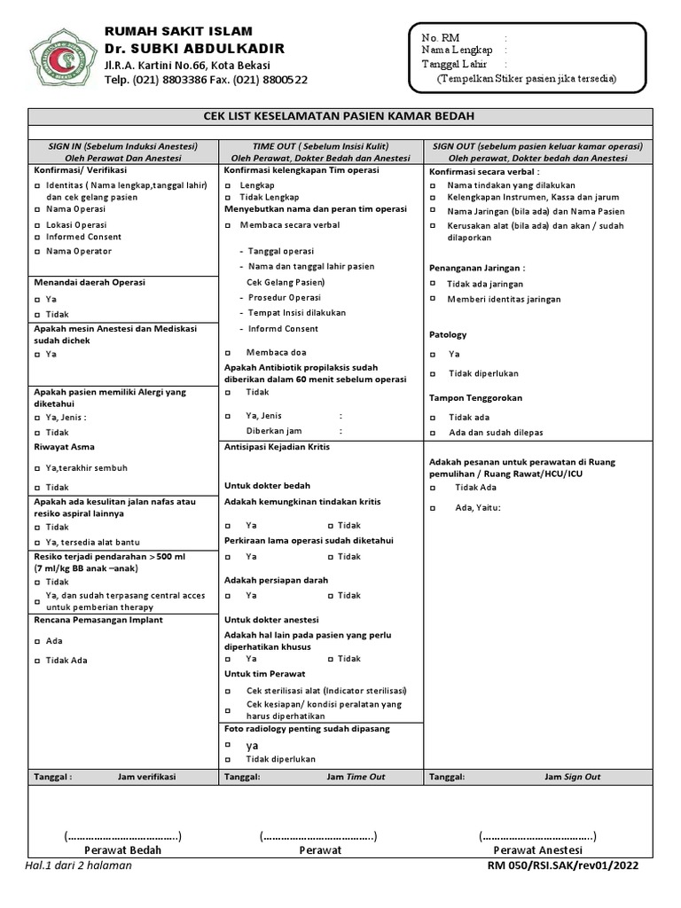Cek List Kamar Bedah | PDF
