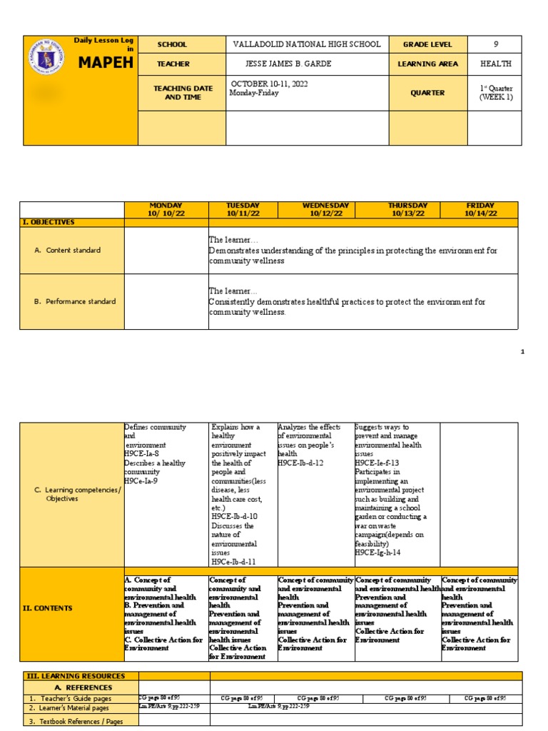 Q1 Grade 9 Health DLL Week 1 | PDF | Teachers | Preventive Healthcare