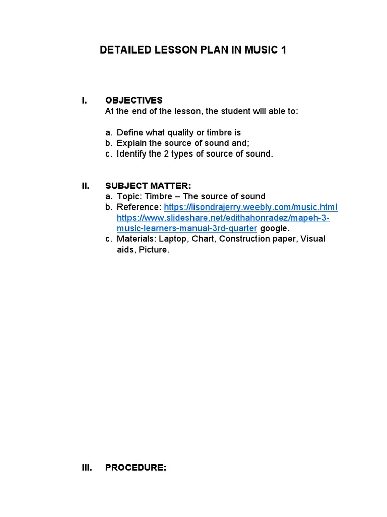 Detailed Lesson Plan in Music 1 | PDF