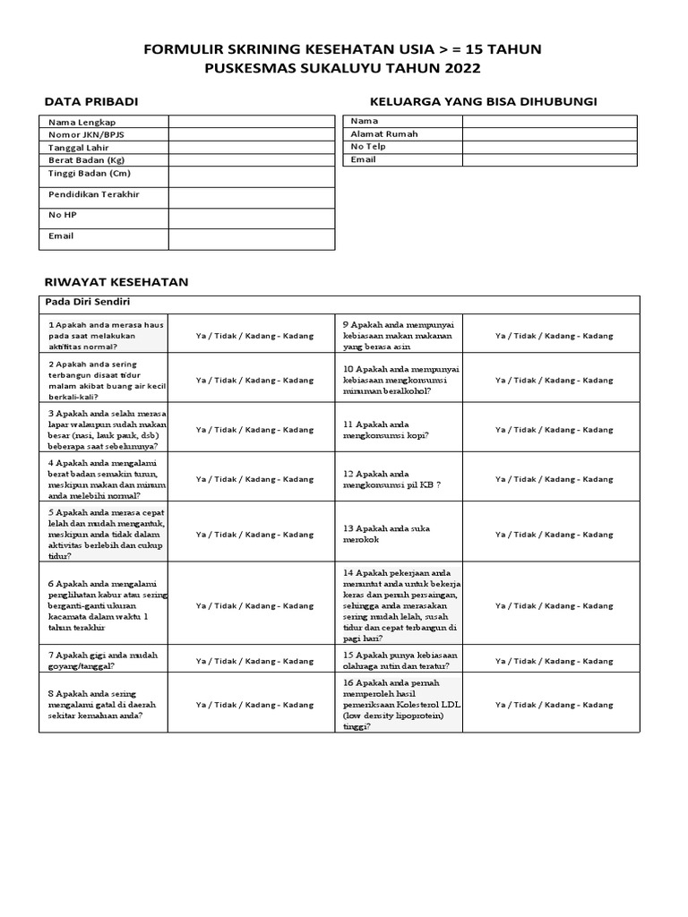 Formulir Skrining Kesehatan Bpjs | PDF