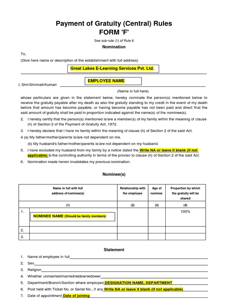Form-F-Nomination-Gratuity Sample | PDF | Signature | Government