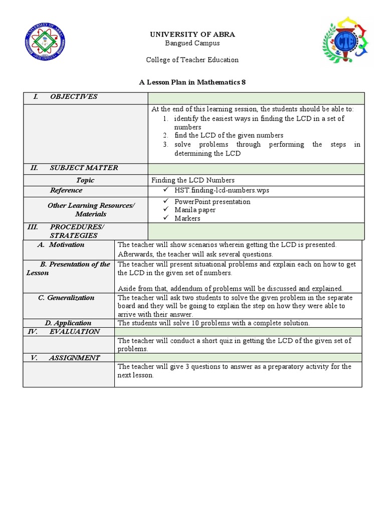 Lesson Plan: Finding LCD in Math 8 | PDF