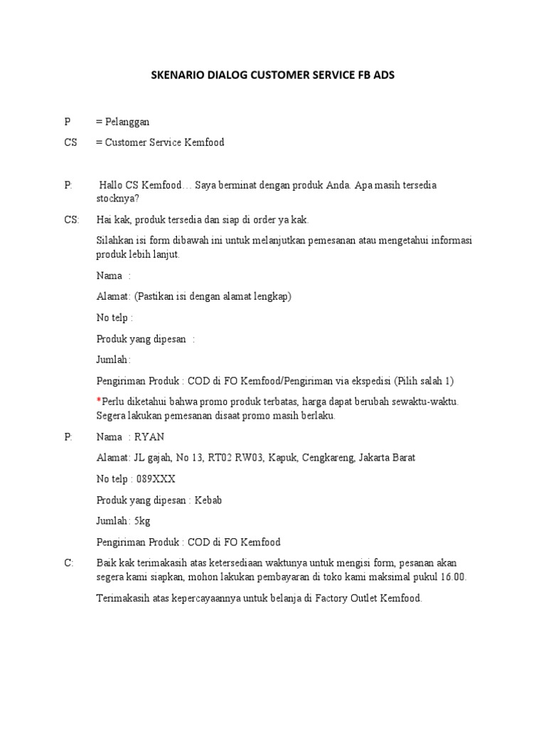 Skenario Dialog Customer Service FB Ads | PDF