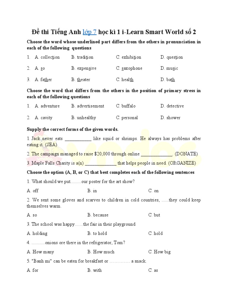 De Thi Tieng Anh Lop 7 Hoc Ki 1 I Learn Smart World So 2 | PDF | The Nutcracker | Food And Drink ...