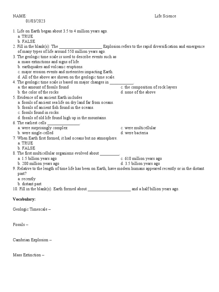 Geologic Time Scale Quiz Pdf