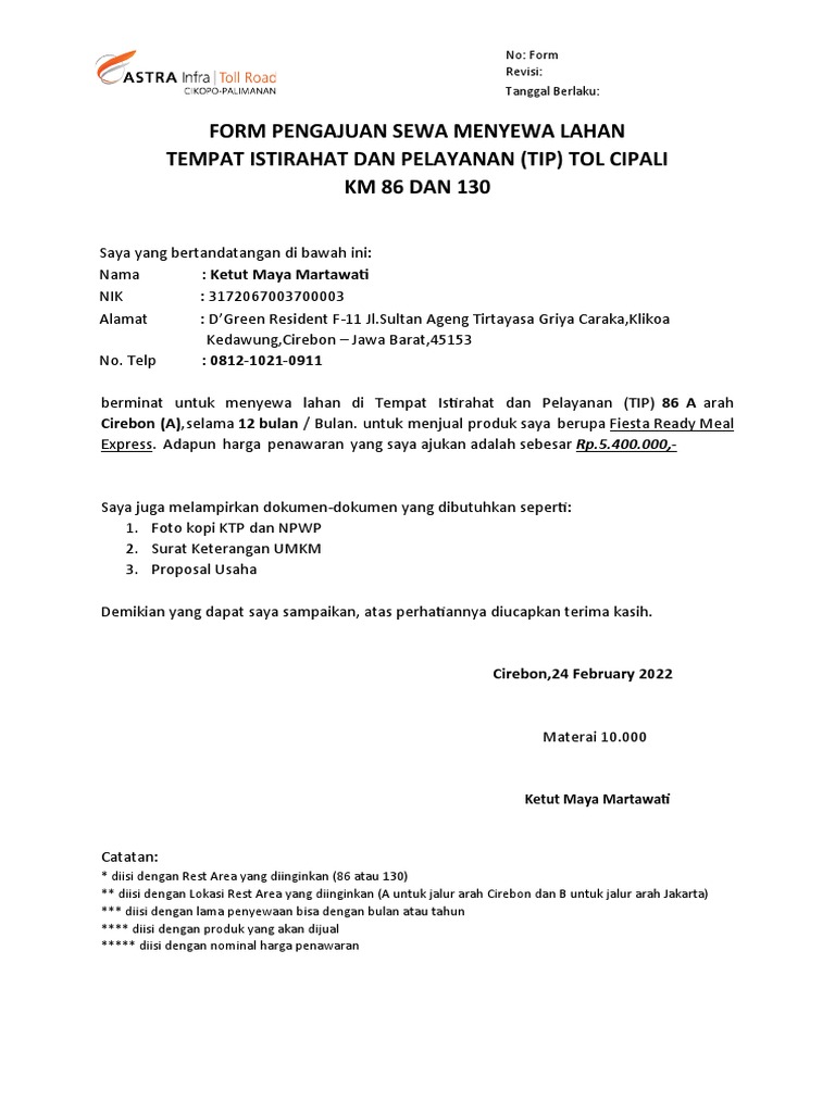 Form Pengajuan Sewa Lahan 86 A (Fiesta Ready Meal Express) | PDF
